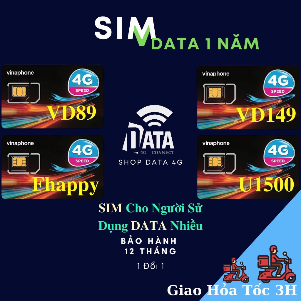 Sim Data Sử Dụng 1 Năm , Gói Cước VD89 , VD149 , U1500 , D500 , Fhappy , Bảo Hành 12 Tháng ...