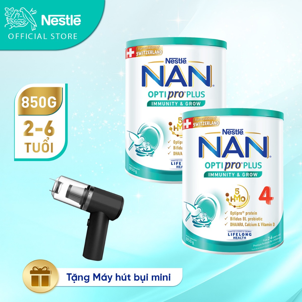 [Tặng Máy hút bụi mini] Bộ 2 Lon Sữa bột Nestlé NAN OPTIPRO PLUS 4 850g/lon với 5HMO Giúp tiêu ...