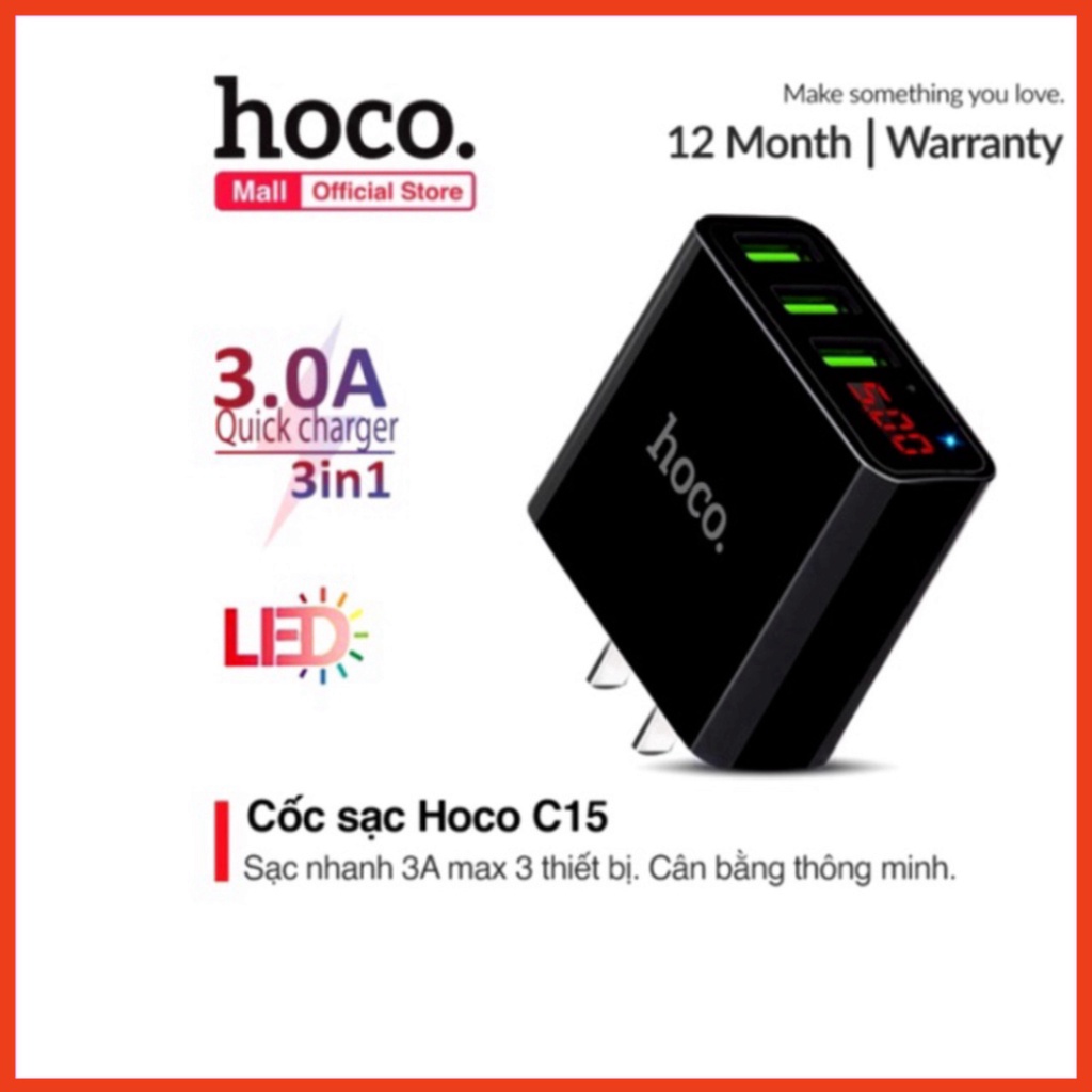 Củ Sạc Nhanh 3 Cổng USB, Màn Hình LED Chính Hãng HOCO C15.Củ Sạc Hoco ...