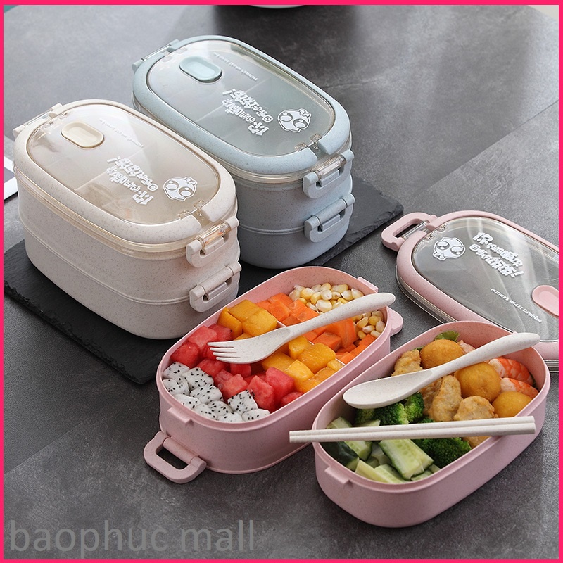 HỘP CƠM LÚA MẠCH 1550ml CHỮ NHẬT 2 TẦNG KÈM THÌA NĨA ĐŨA | Shopee Việt Nam