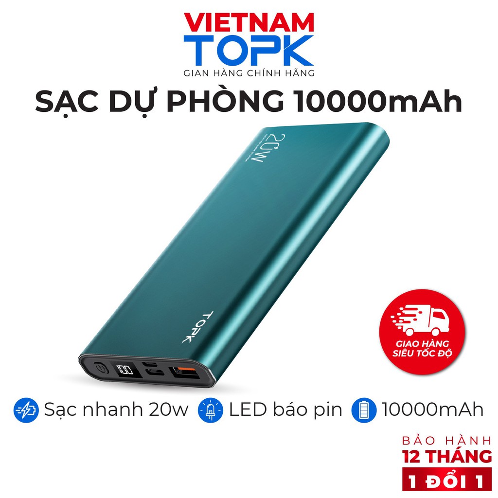 Pin Dự Phòng TOPK I1007P 20W PD QC3.0 10000mAh Sạc Nhanh Hiển Thị Điện Tử | Shopee Việt Nam