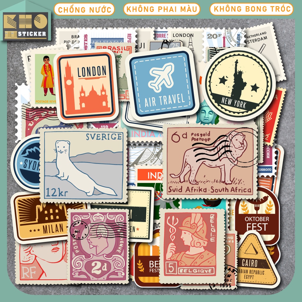 Combo 50 Sticker Retro Stamp 3 chống nước sticker dán laptop, điện ...