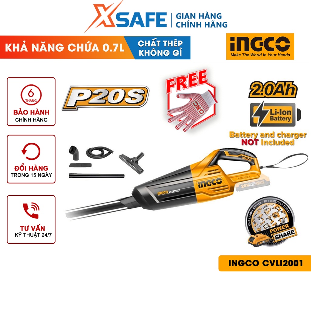 Máy hút bụi dùng pin 20V INGCO CVLI2001 0,7L bình chứa thép không gỉ ...