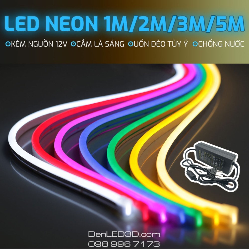 Dây Led Neon 12V Kèm Nguồn Dài 1M/2M/3M/5M Trang Trí Ngoài Trời, Chống ...