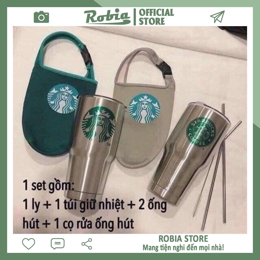 LY GIỮ NHIỆT STARBUCK kèm 2 ống hút inox, túi giữ nhiệt và dụng cụ cọ ...