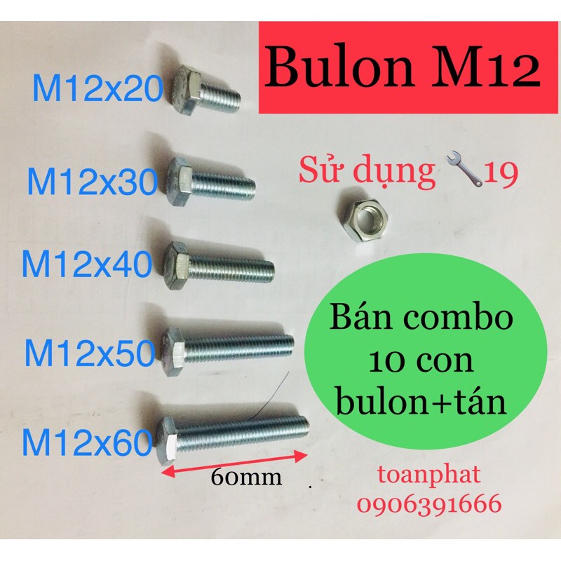 10 bộ bulon + tán M12| size M12x20/M12x30/M12x40/M12x50/M12x60 mm ...