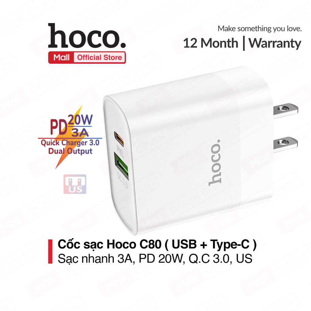 Củ sạc PD 20W Hoco C80 2 cổng ( USB + Type-C ) sạc nhanh tối đa 3A, Q.C 3.0, tương thích nhiều ...