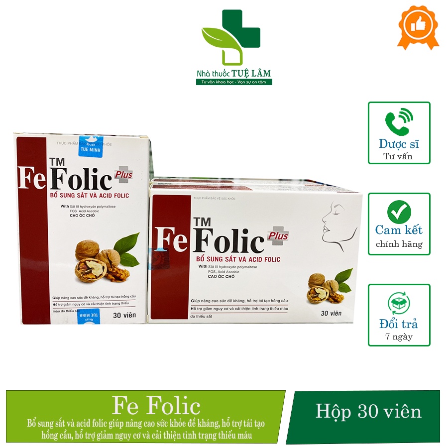 Viên uống bổ sung sắt và acid folic Fefolic plus hộp 30 viên giúp nâng ...
