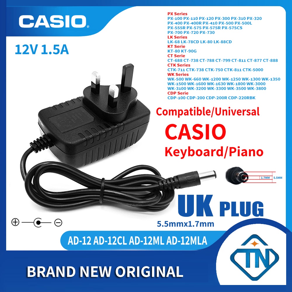 Bộ chuyển đổi AC / DC 12V 1.5A AD-12 AD-12ML cho Casio WK-500 WK-660 WK-1200 WK-1250 WK-1300 Bàn ...