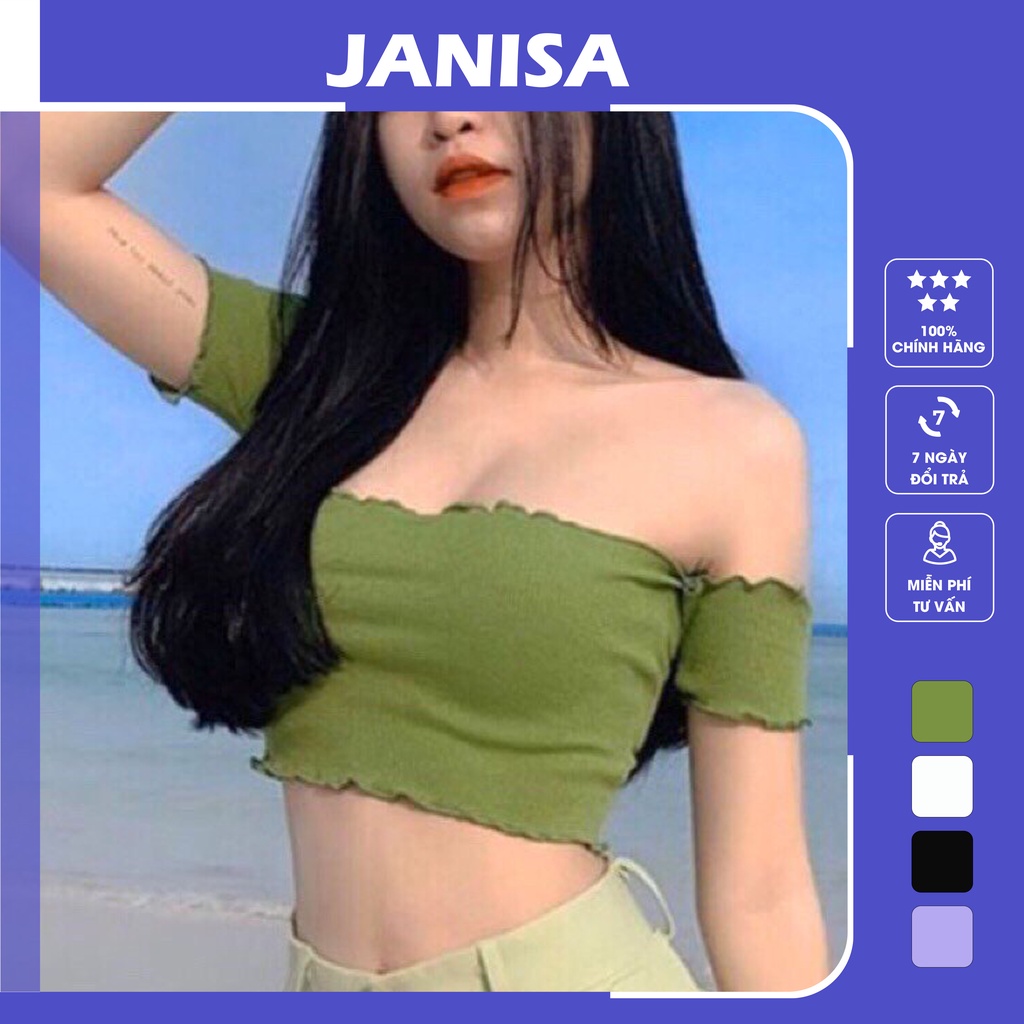 Áo croptop trễ vai ôm body tay ngắn phối bèo thun tăm nhỏ JANISA CT13 | Shopee Việt Nam