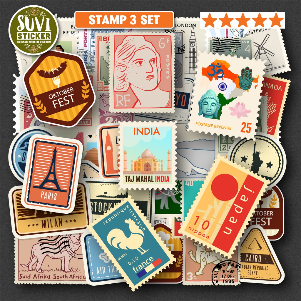 50 Sticker Vintage Stamp chống nước sticker dán laptop, điện thoại, đàn ...