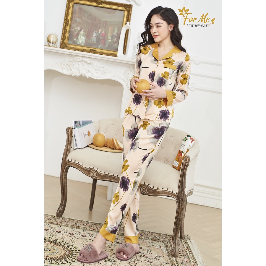 BỘ LỤA GIẤY LUXURY DÀI TAY HOA TÍM PHỐI 04, FORME PIJAMAS | Shopee Việt Nam