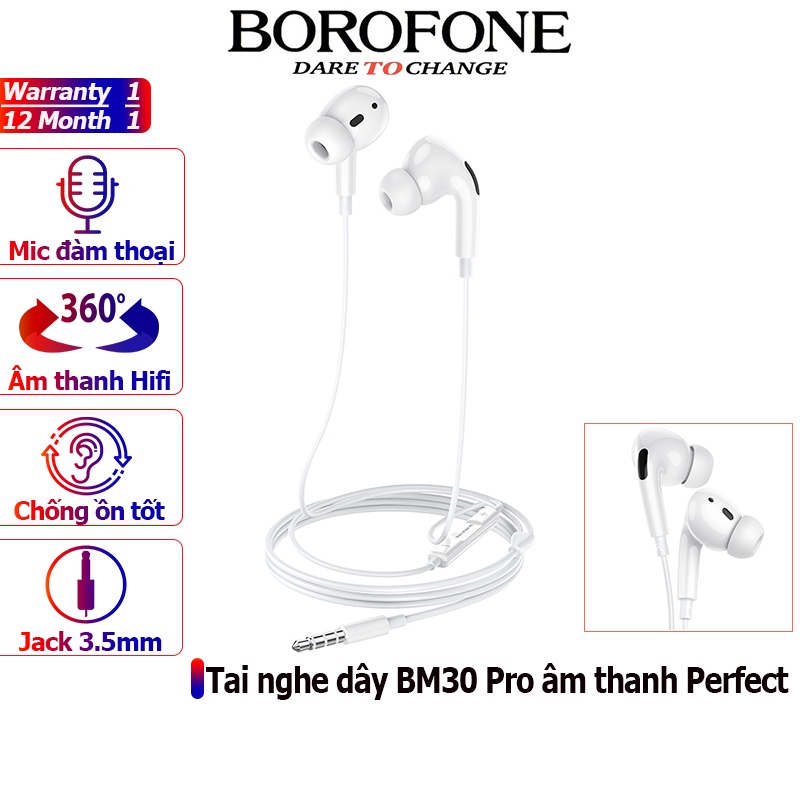 Tai nghe nhét tai BOROFONE BM30 PRO Jack cắm 3.5mm nghe hay có mic đàm thoại, dây dài 1.2m ...