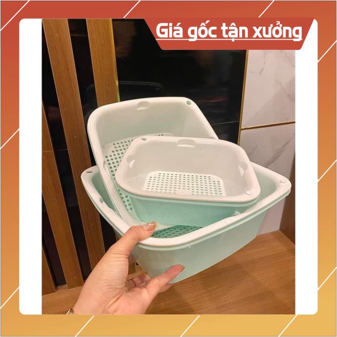 Bộ rổ kèm chậu nhựa vuông 6 món, Set 3 rổ 3 thau đựng thực phẩm tiện ...