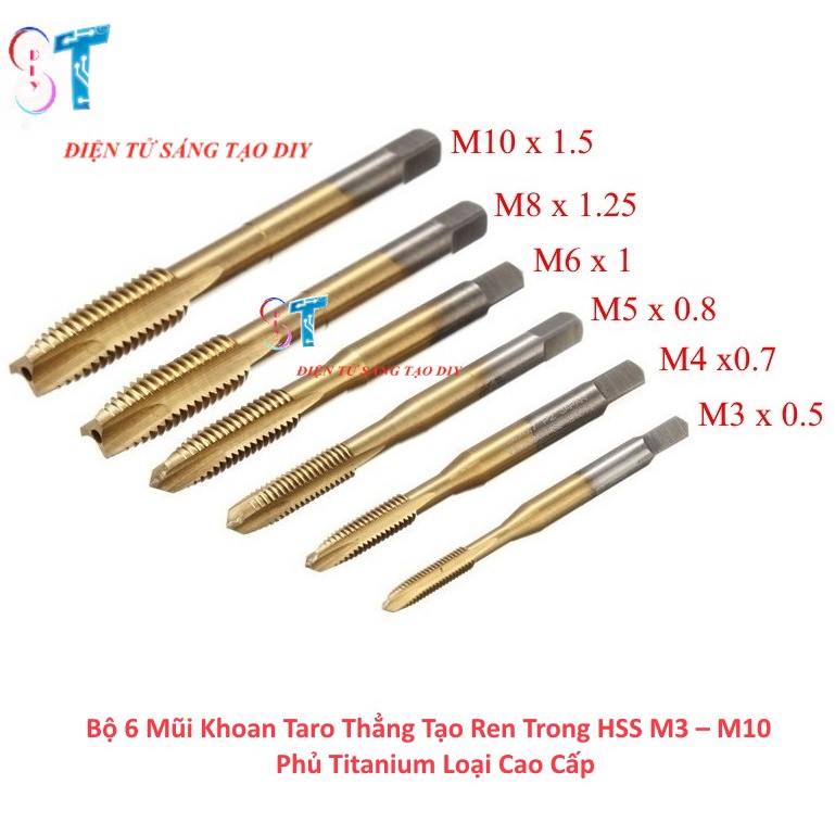 Bộ 6 Mũi Khoan Taro Thẳng Tạo Ren Trong HSS M3 – M10 Phủ Titanium Loại Cao Cấp | Shopee Việt Nam
