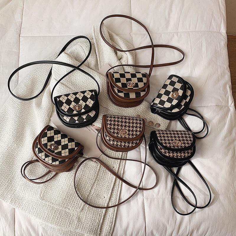 Túi xách nữ Rinni, Túi đeo chéo Mini dáng bầu da phối canvas caro họa ...