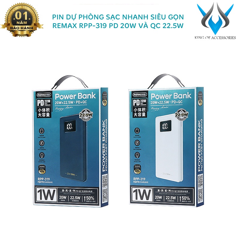 Pin dự phòng sạc nhanh Remax RPP-319 dung lượng 10000mAh QC 22.5W và PD 20W - tích hợp 1 input 3 ...