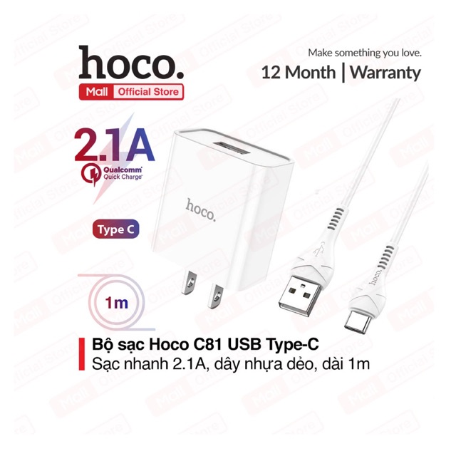 Bộ sạc Hoco C81 USB Type-C sạc 2.1A, thích hợp nhiều dòng Samsung/Huawei/Xiaomi..., dây nhựa dẻo ...