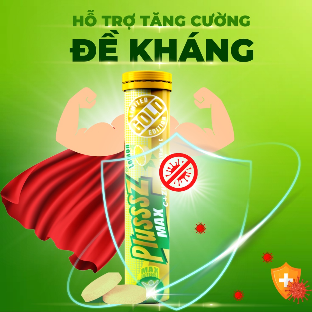 Viên sủi Plusssz Max Vitamin C & ZinC (Kẽm) vị chanh không đường tăng ...