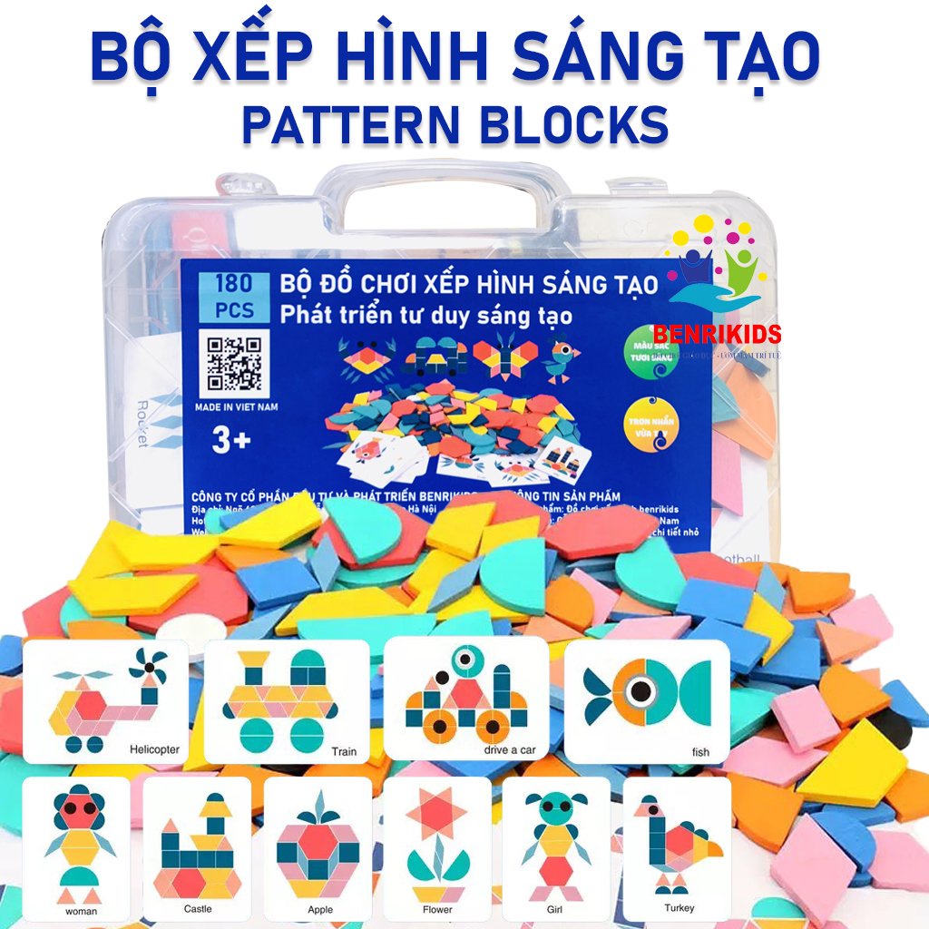 (CÓ HỘP ĐỰNG) Xếp Hình Pattern Blocks 180 Chi Tiết Kèm Thẻ Học Tiếng Anh Và Hình Mẫu Cho Bé Lắp ...