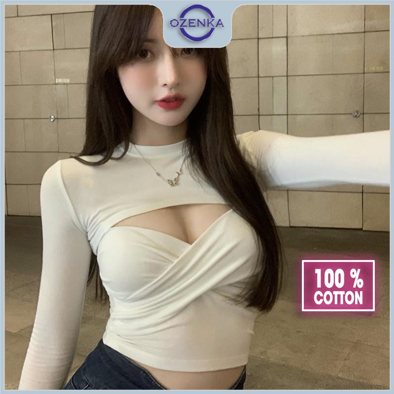 Áo croptop tay dài ôm body khoét ngực gợi cảm OZENKA , crt cổ tròn trắng đen thun cotton 100% ...