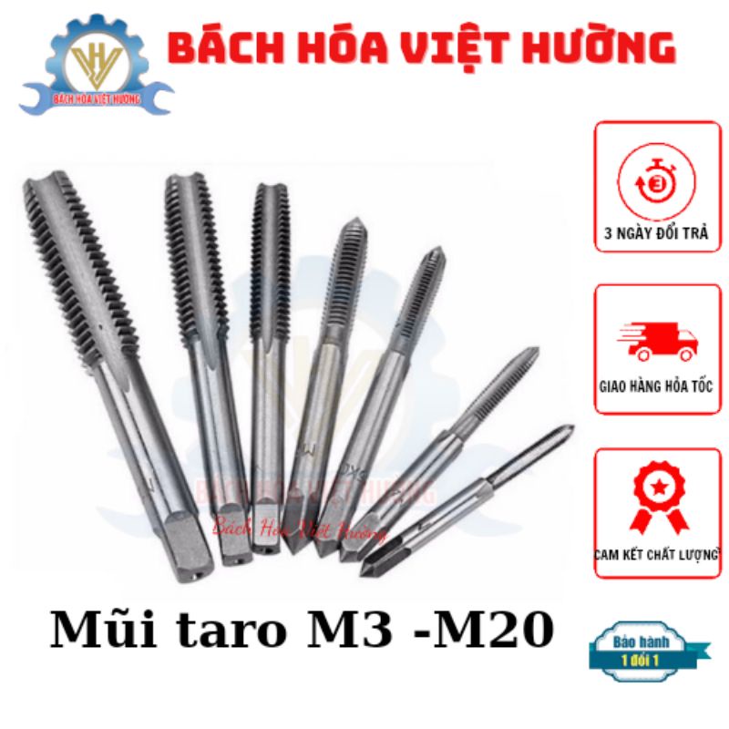 Mũi taro inox, taro tạo ren các loại m3x0.5, m4x0.7, m5x0.8, m6x1, m8x1.25, m10x1.5, M12, M14x2 ...