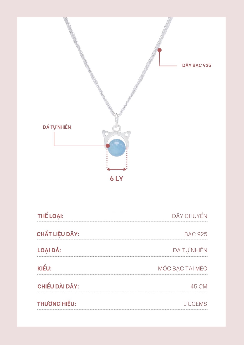 Dây Chuyền Bạc 925 Nữ Liugems 1 Hạt Size Nhỏ Tinh Tế Mix Đá Phong Thuỷ ...