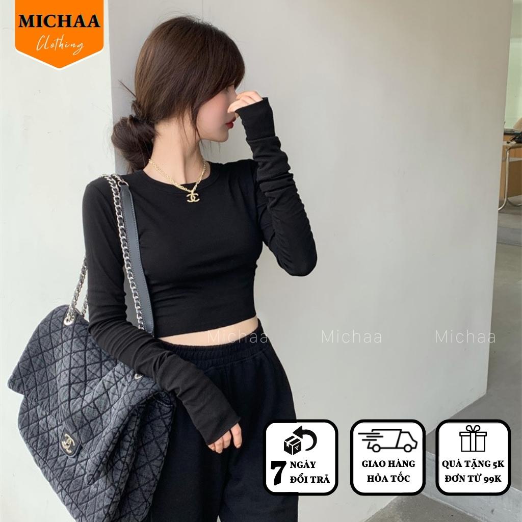 Áo Croptop TAY DÀI CỔ TRÒN Nữ Basic Thun Gân Kiểu Ulzzang Ôm Body MICHAA CR21 | Shopee Việt Nam