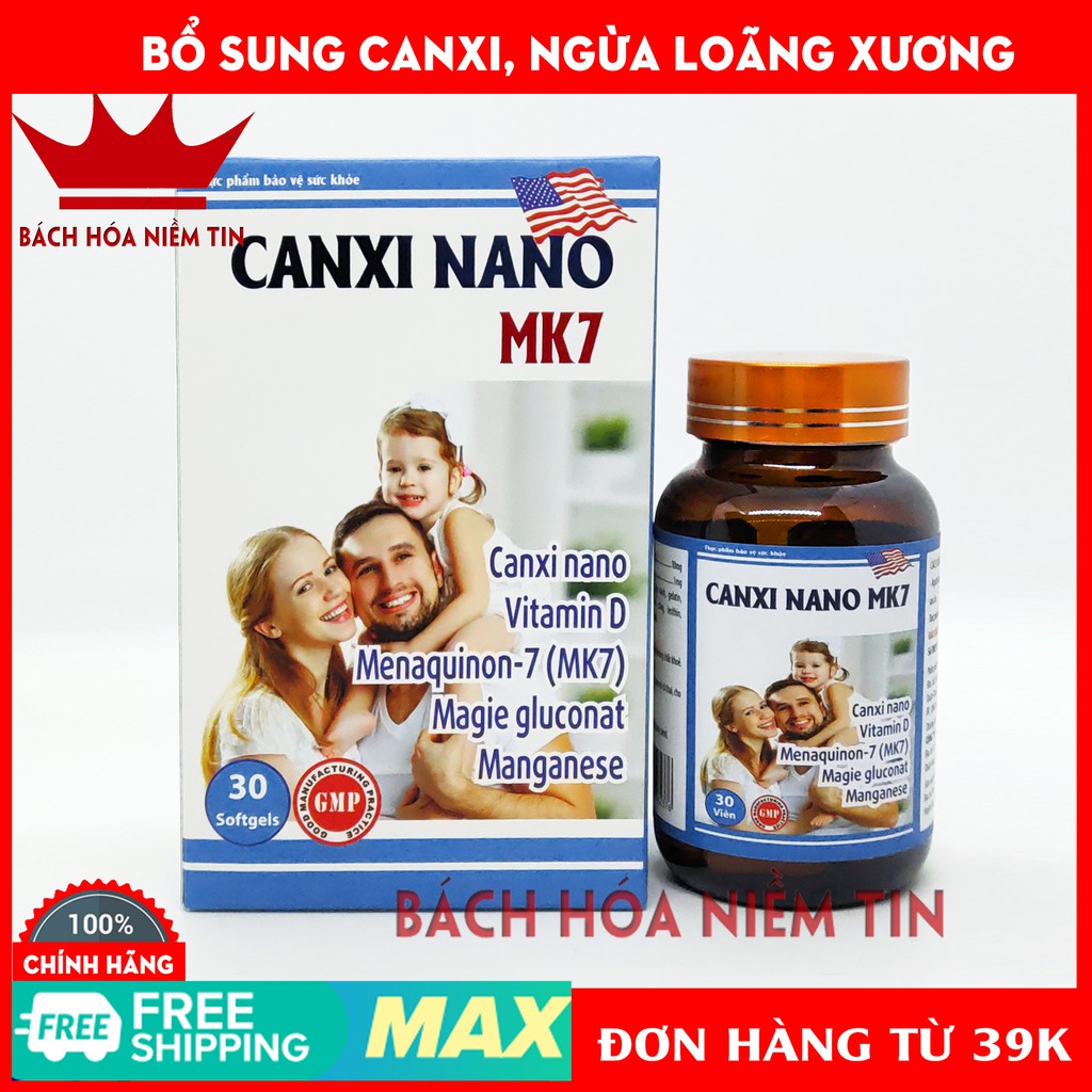 Viên uống Canxi Nano MK7 phát triển hệ xương, chắc khỏe xương và răng, giảm loãng xương, tăng ...