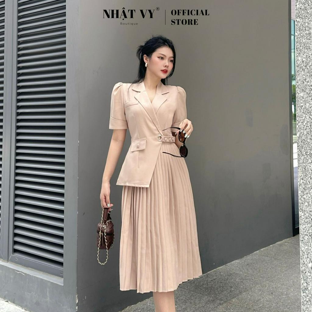 Đầm vest công sở Nhật Vy dập ly tay dáng dài chất lụa sọc gân phù hợp ...