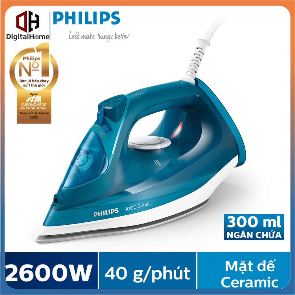 Bàn ủi hơi nước Philips DST3040/70-Công suất 2600W-Hơi phun mạnh mẽ ủi ...