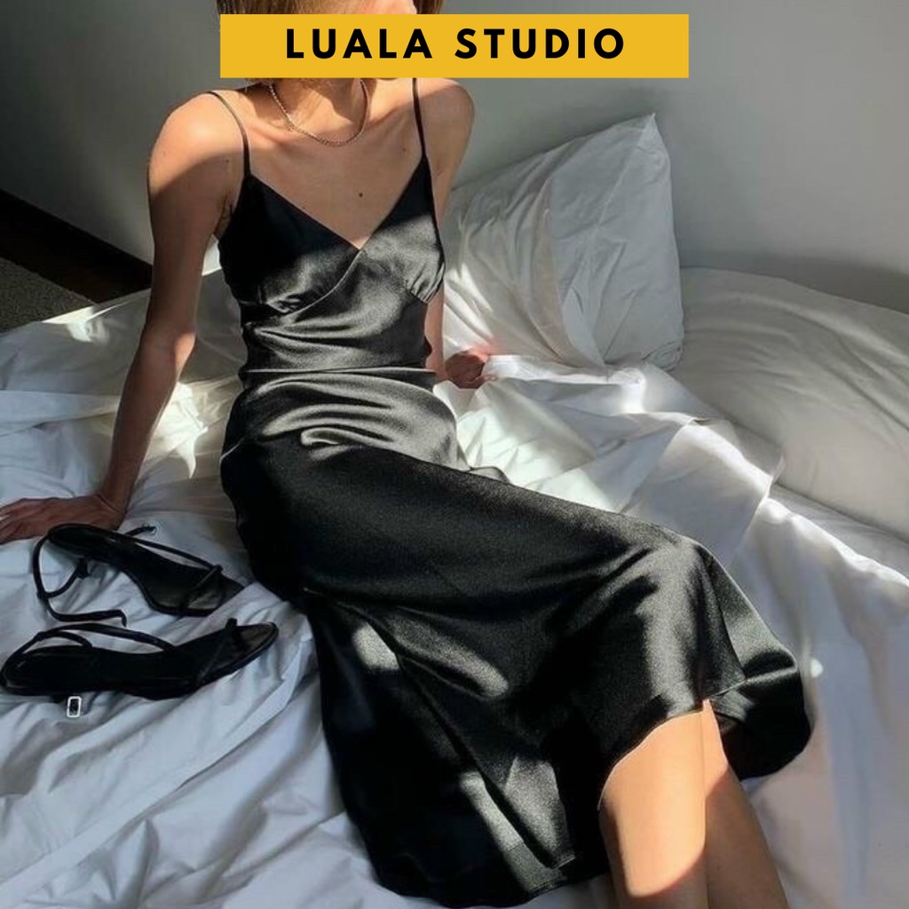 Đầm lụa Luala cổ tim nhún ngực có kèm mút, váy 2 dây hở lưng sexy mặc ...