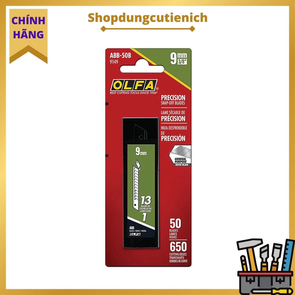 Lưỡi Dao OLFA ABB-50 9mm, Lưỡi 13 Cạnh Từ Thép Cacbon Cao Cấp Dùng Cho A-2, A-5, PA-2, 300 ...