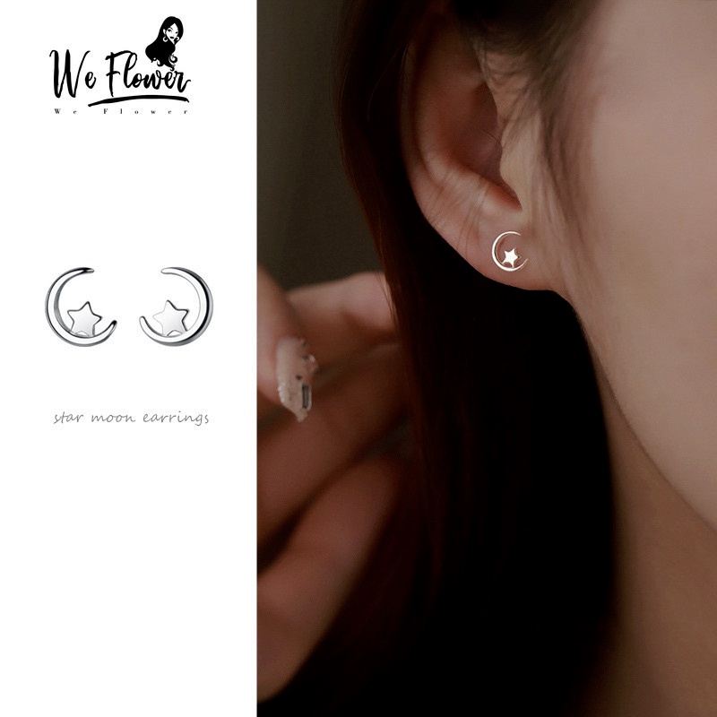 Khuyên tai WE FLOWER mạ bạc S925 mặt ngôi sao và mặt trăng phong cách Hàn Quốc thời trang ...