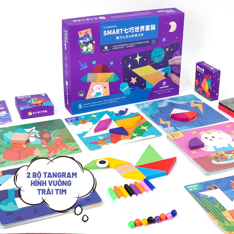 BỘ XẾP HÌNH SQUARE TANGRAM - HEART TANGRAM CÙNG 20 HÌNH MẪU RỰC RỠ (kèm ...