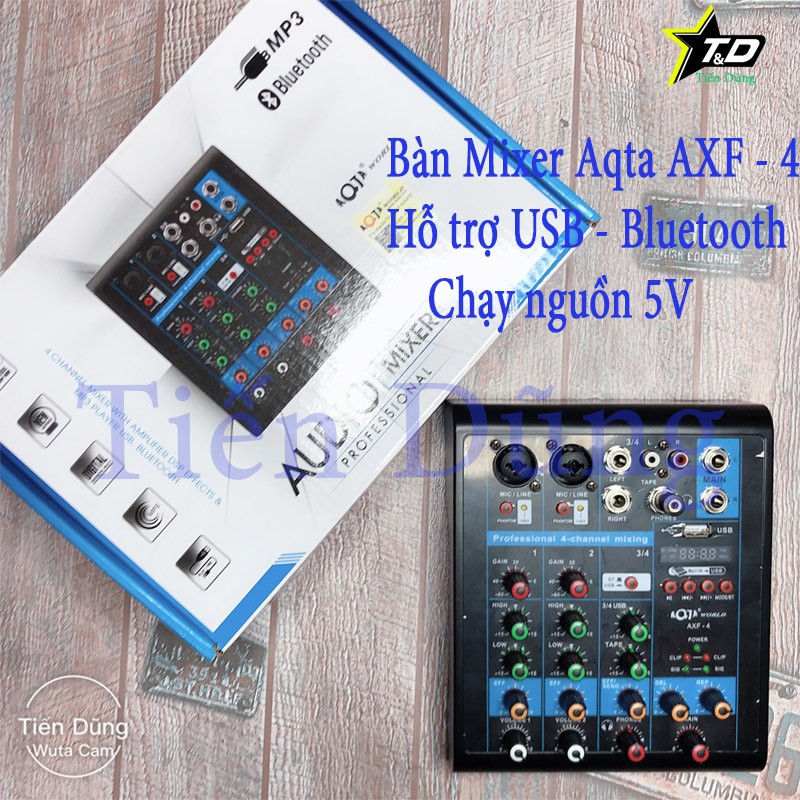 Mixer Aqta AXF 4 dòng 4 kênh chạy nguồn 5V hỗ trợ USB - Bluetooth có màn hình led hiển thị chính ...