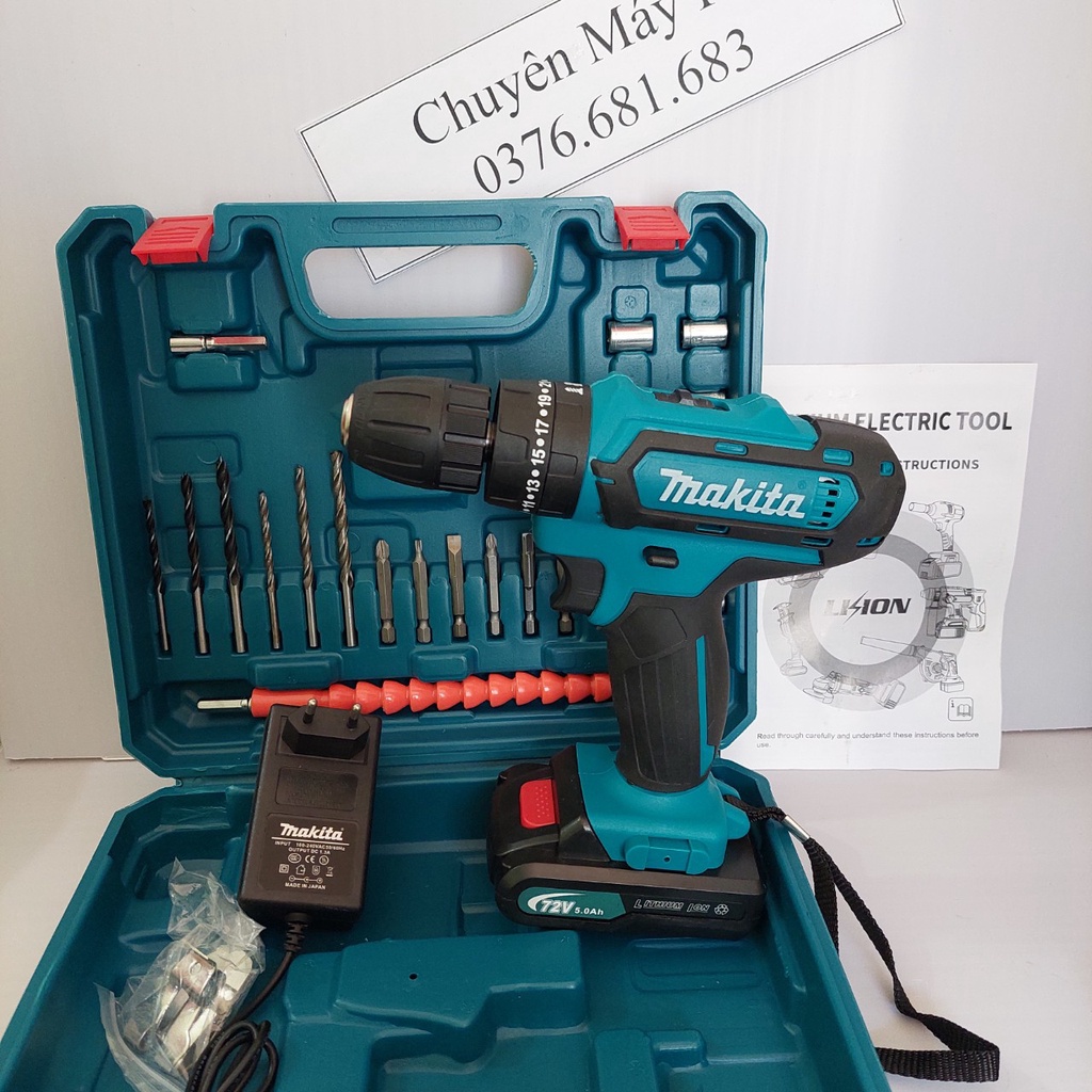 Máy khoan pin 72V Makita 3 chức năng có búa - Tặng kèm 24 chi tiết gồm các mũi khoan + Mũi bắt ...