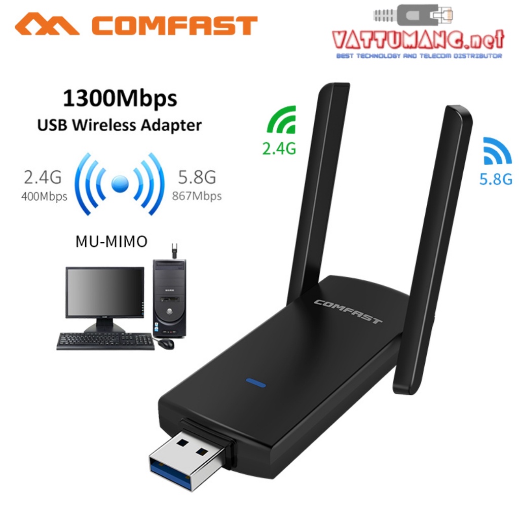 Usb wifi adapter COMFAST 1300Mbps Băng tần kép | usb 3.0 | Hỗ trợ Windows 7/10/11| CF-924AC V2 ...