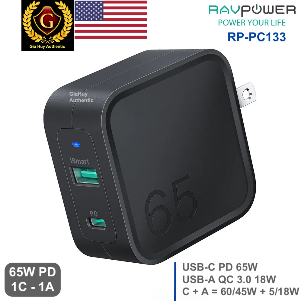 Củ sạc nhanh RAVPOWER RP-PC133 PD 65W GaN 1C-1A | Shopee Việt Nam