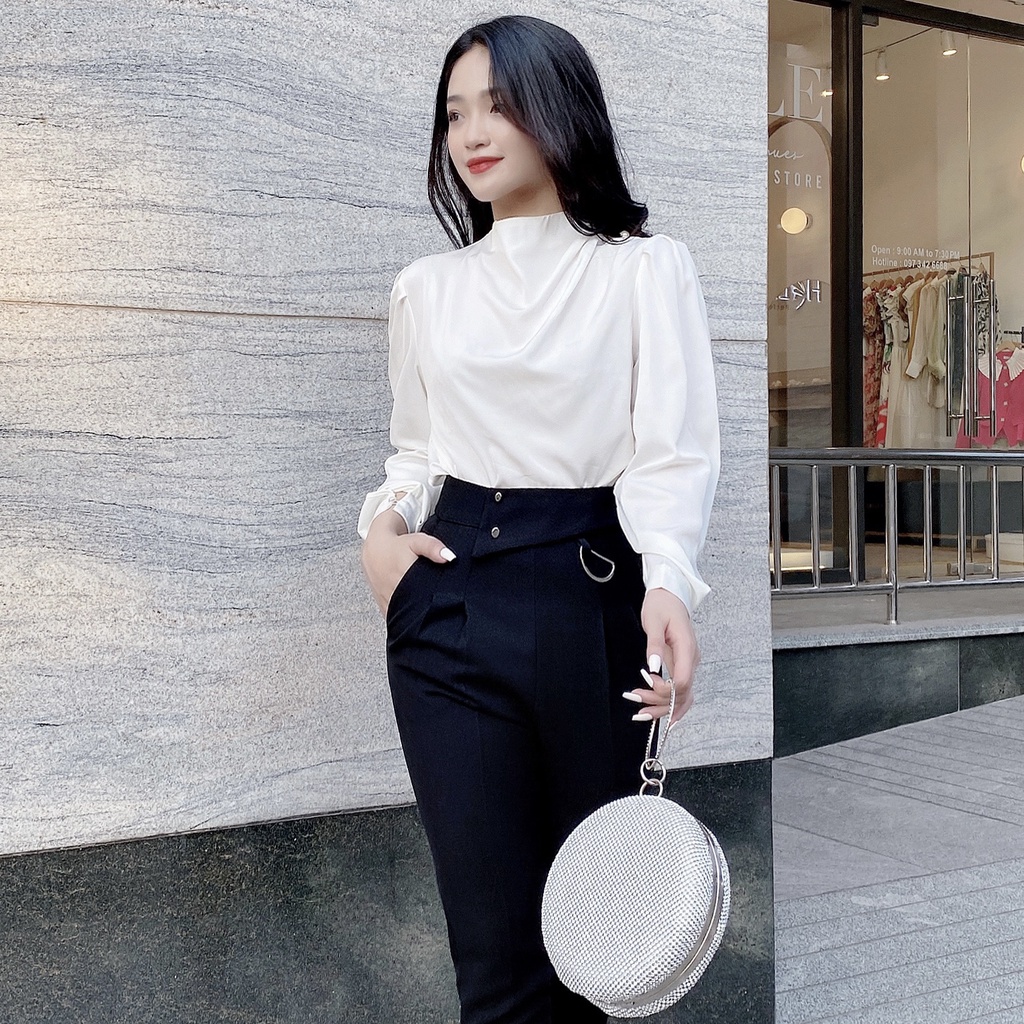 Áo sơ mi nữ lụa mềm mát cổ lệch vai 3 cúc HILA (Mã SP:A968) | Shopee Việt Nam