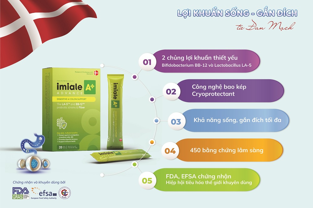 Lợi khuẩn sống, gắn đích IMIALE A+ Đan Mạch, hộp 10 gói hỗ trợ tiêu hóa ...
