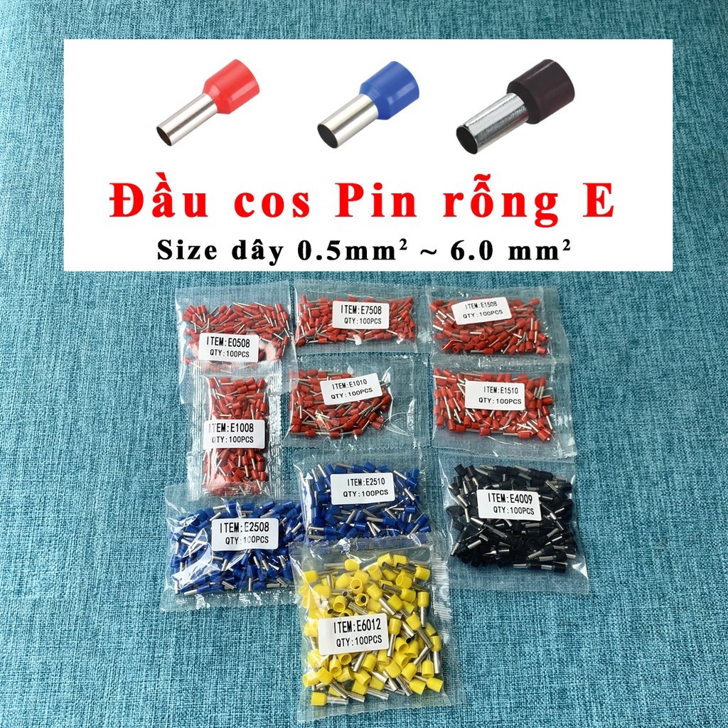 Đầu cos pin rỗng bọc nhựa cho dây 0.5-6mm2 bằng đồng E0508 - E7508 - E1008 -E1010- E1508 - E2508 ...