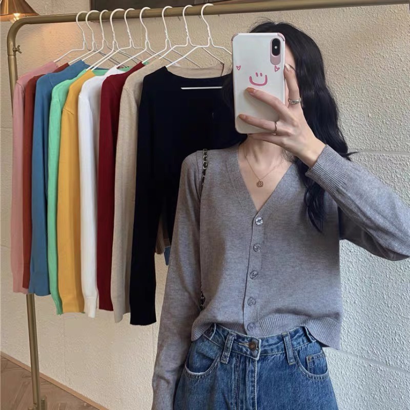 Áo khoác cardigan len nữ dệt kim kiểu cổ tim tay dài xinh xắn phong ...