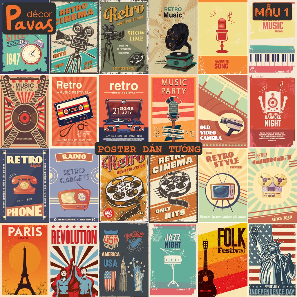 24 Tấm Decal Poster Retro chống nước dán tường trang trí dán quán trà ...