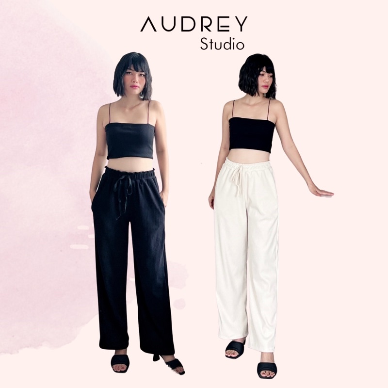 Quần thun lưng chun thắt dây dáng dài ống suông kem/đen phong cách Hàn ...