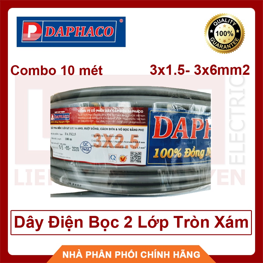 (Combo 10 Mét) Dây Điện Đôi Bọc 2 Lớp Tròn Xám 3 Lõi 3x1.5mm2 Đến 3x6.0mm2 Daphaco Ruột Đồng ...