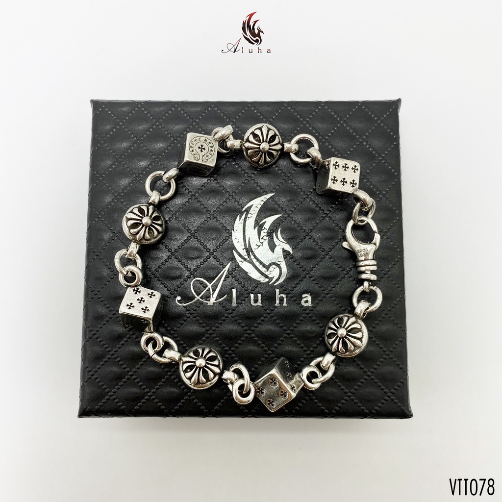 Vòng tay đồng trắng mạ bạc s925, Chrome Heart khắc nổi hoa Iris, xúc xắc biểu tượng CH - VTT078 ...