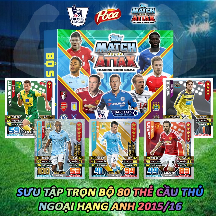 [Bộ 80] Thẻ cầu thủ 2015/16 Ngoại hạng Anh size Poca Match Attax thẻ in ...