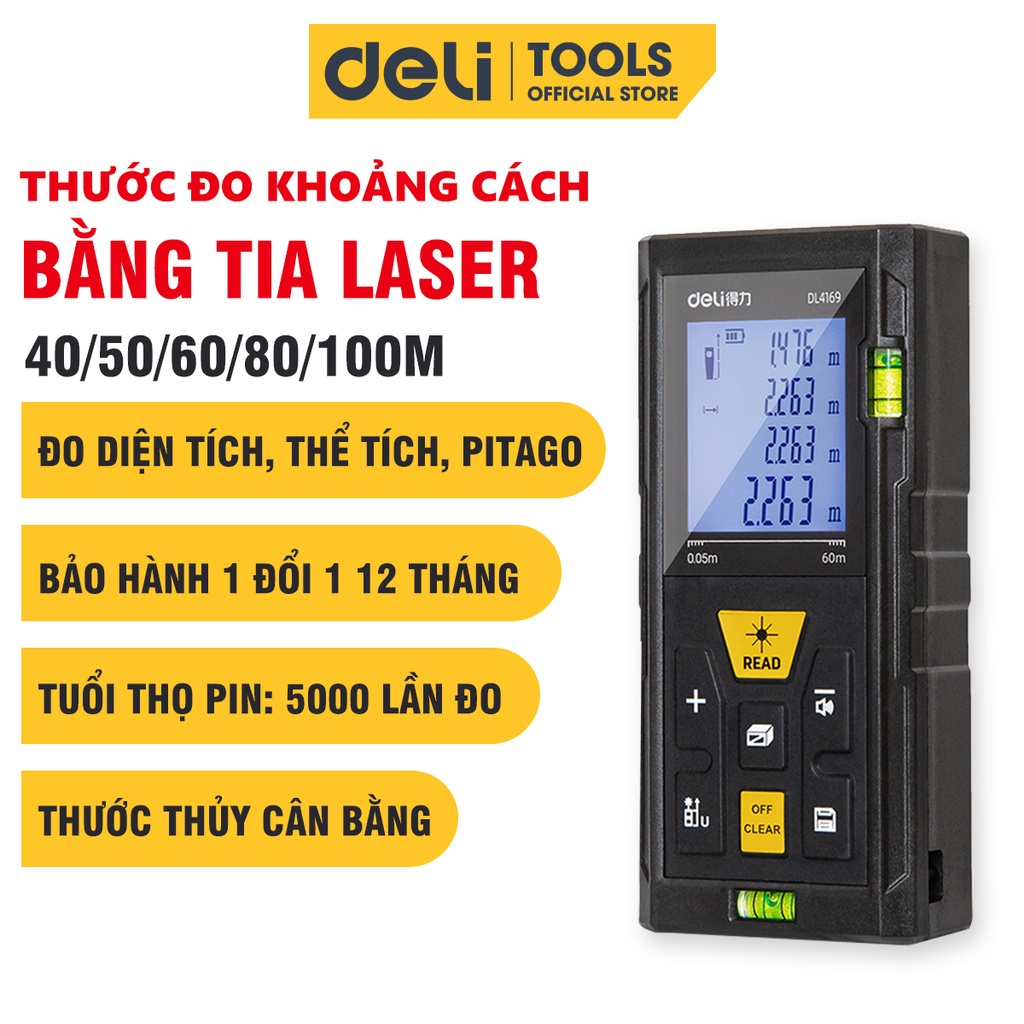 Máy Đo Khoảng Cách Laser Deli Chính Hãng Loại 40m / 50m / 60m Đa Năng ...