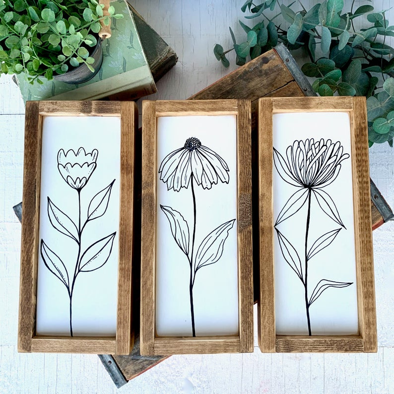 Tranh gỗ handmade - Bộ 3 tranhhoa cúc - Decor phong cách Vintage trang ...